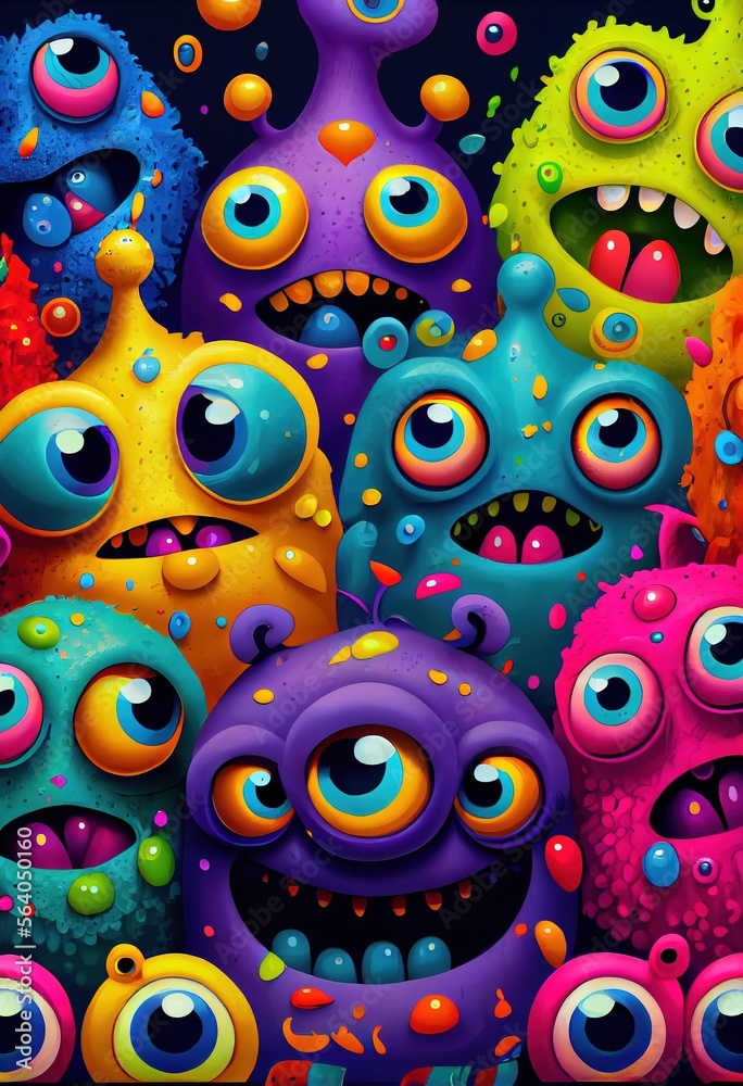 Abstract magical funny cartoon monsters. Lots of colored paint, ink ...