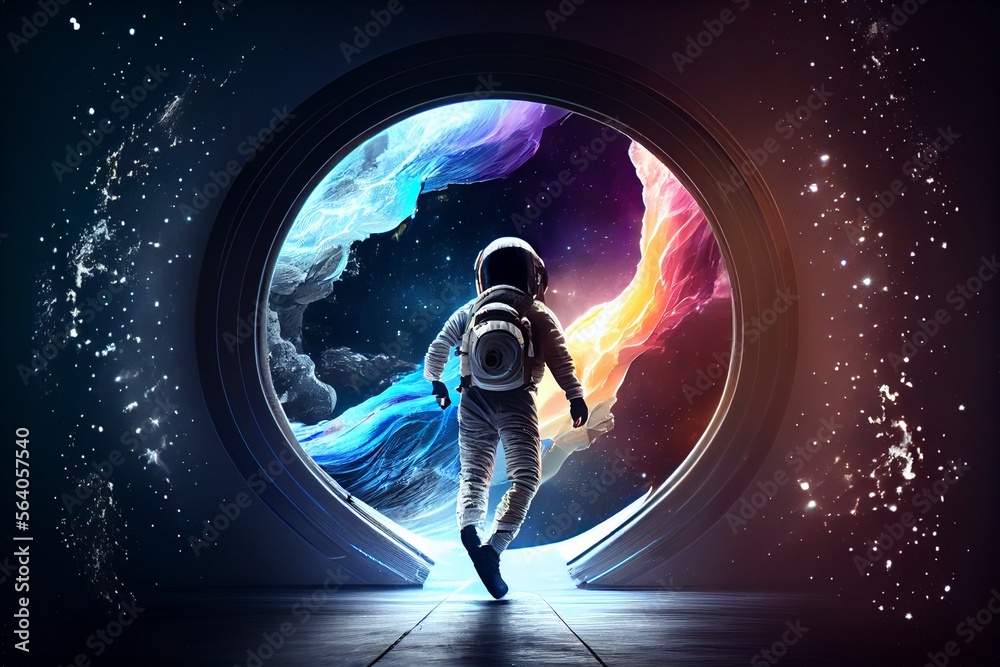 Astronaut entering in space time portal. Sci fi art. Generative AI art. Stock Illustration ...