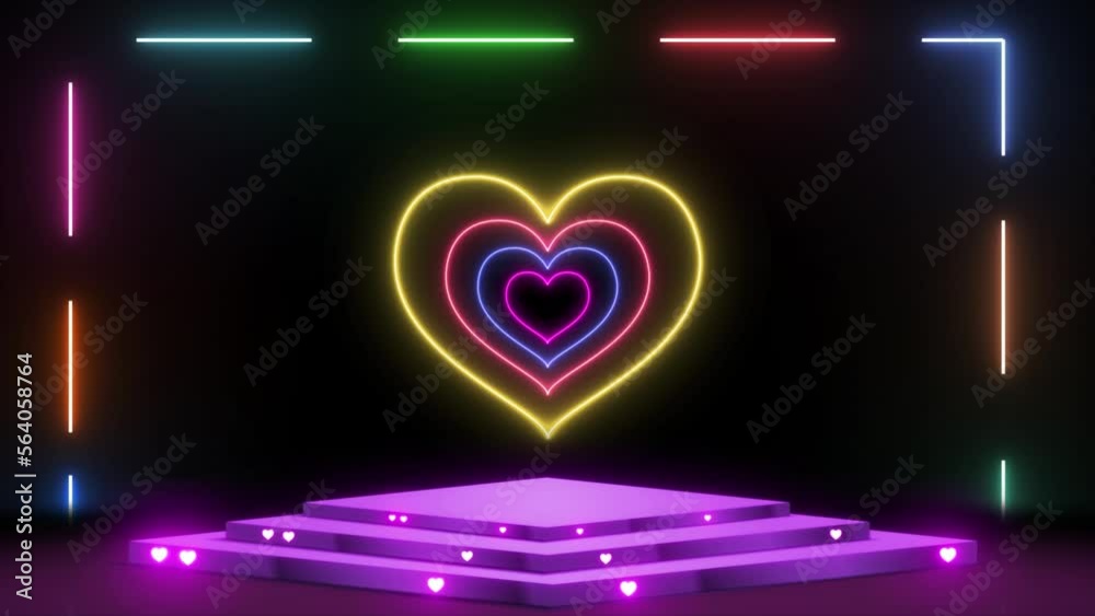 Neon Heart Shape With Beautiful 3d Stage Animation. Concert Stage ...