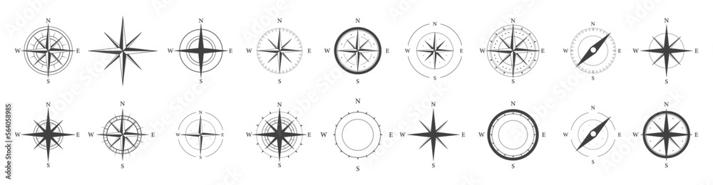Compass icons. Set of vector simple compass symbols. Wind rose icon ...