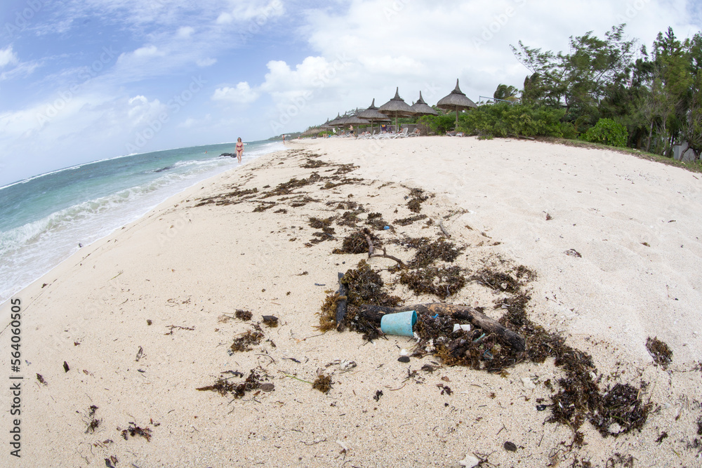 Plastic pollution on the beach. Polluted beach on the Mauritius. People ...
