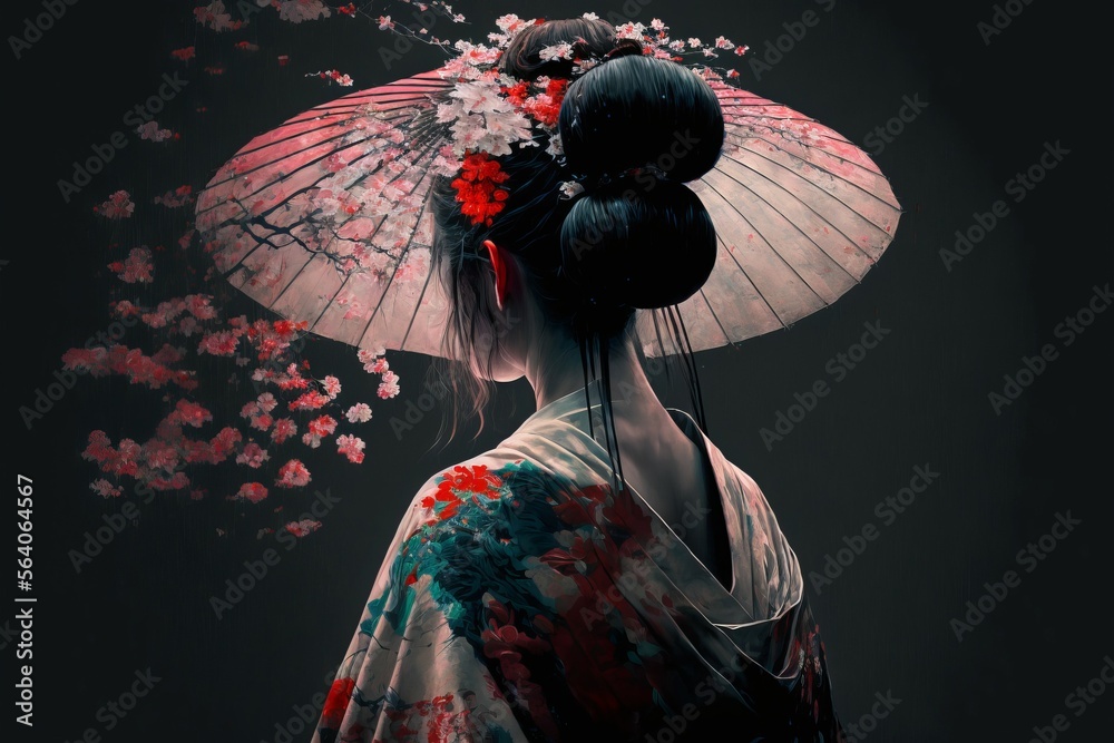 Geisha With Cherries in her Hair, Umbrella and Kimono, Generative AI ...