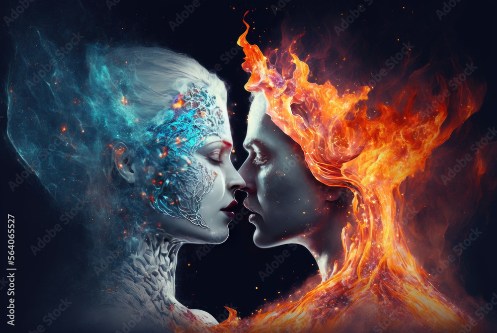 The duality of hot and cold passionate lovers, fire and ice kissing ...