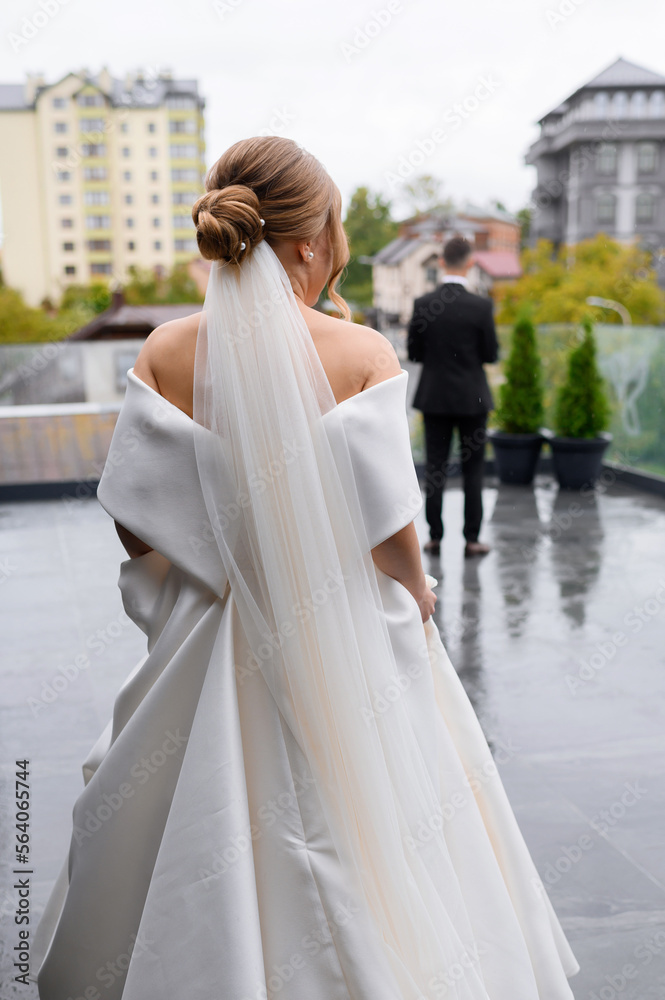 Foto de Back view of faceless bride, wearing in long and sink wedding ...