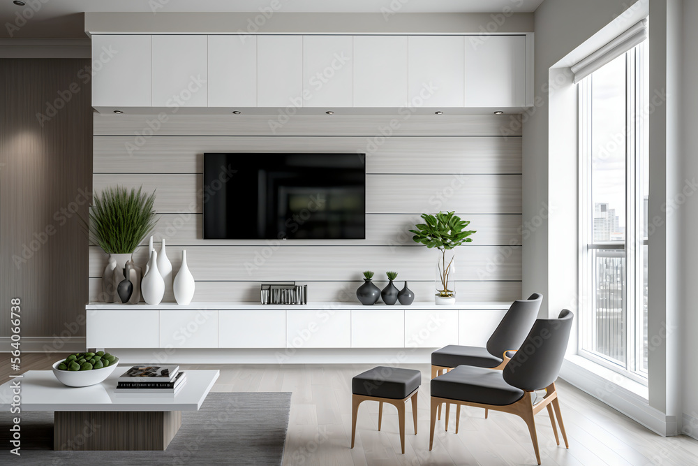 modern living room with a wall of white cabinets and a wall-mounted TV ...