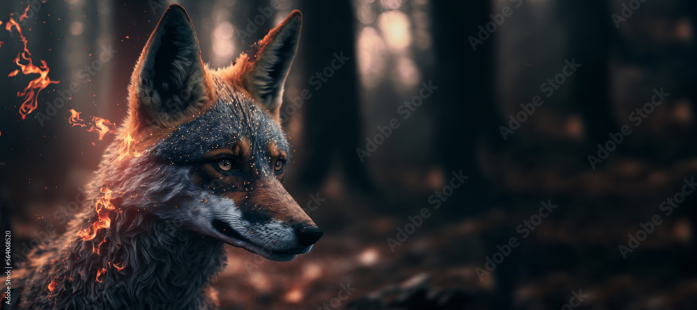 Burning forest due to drought and bonfire from people. Face fox with ...