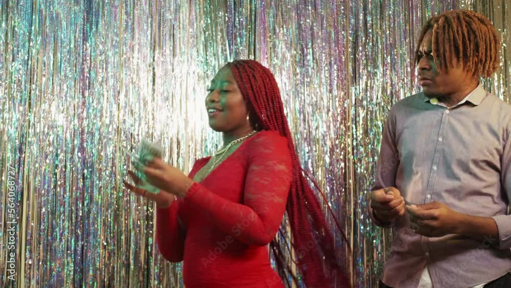 Money spending. Rich couple. Party celebration. Miserly black man ...