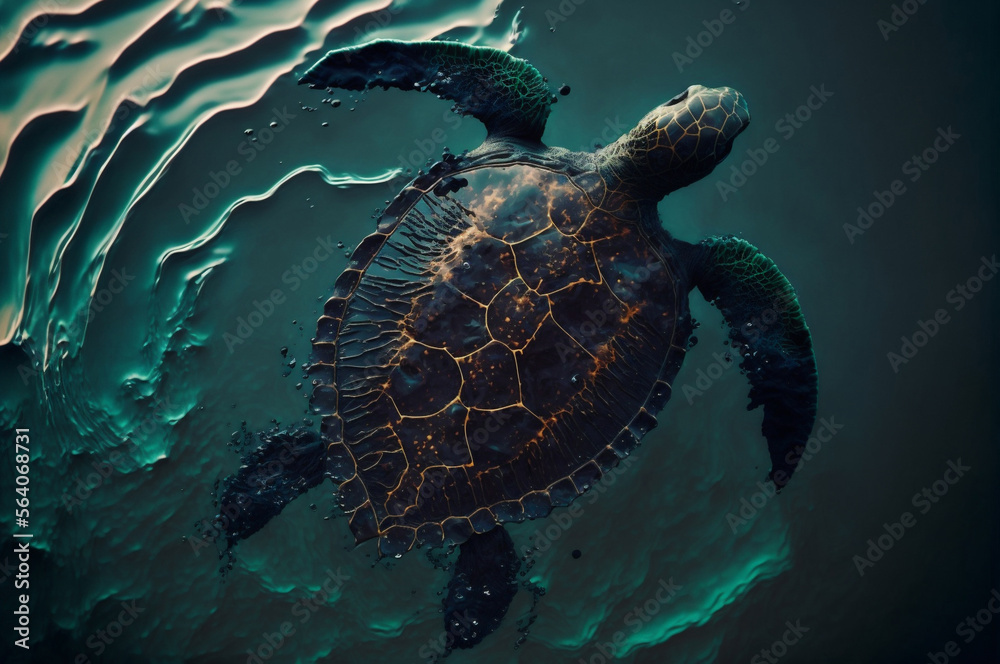 Oil spill in water, Concept pollution nature. Sea turtle covered in oil. Generation AI Stock ...