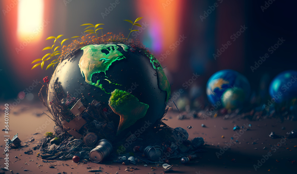 Eco environmental problem, planet in trash human waste, blur background ...
