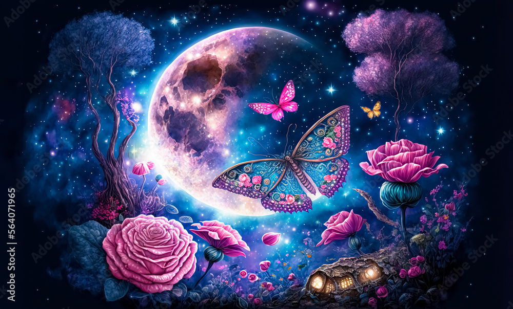 Fantasy wallpaper with fairy tale forest, magical butterflies ...
