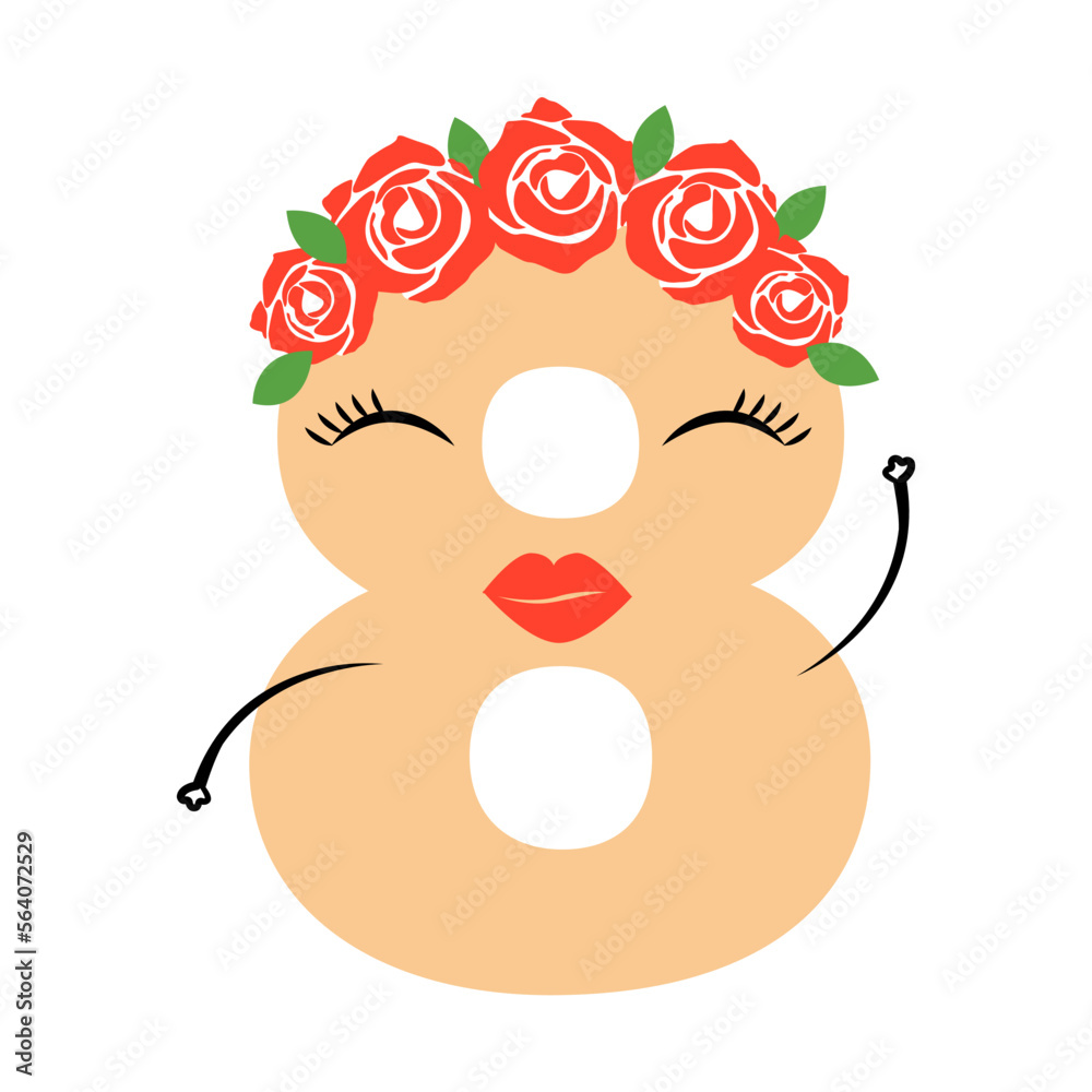Cartoon number 8 with roses in a vector illustration for emoji stickers ...