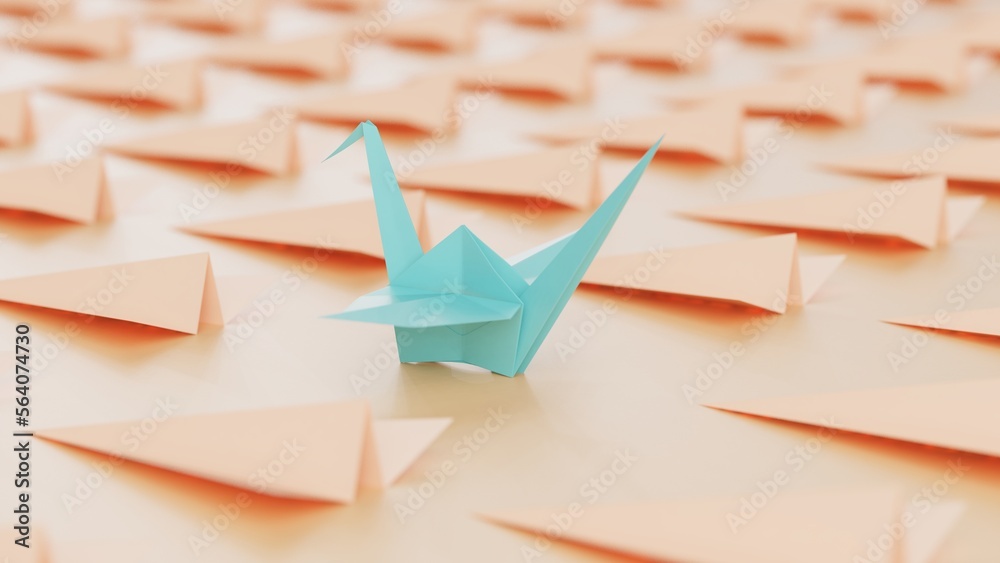 Origami of green crane and many soft orange airplanes on soft blue ...