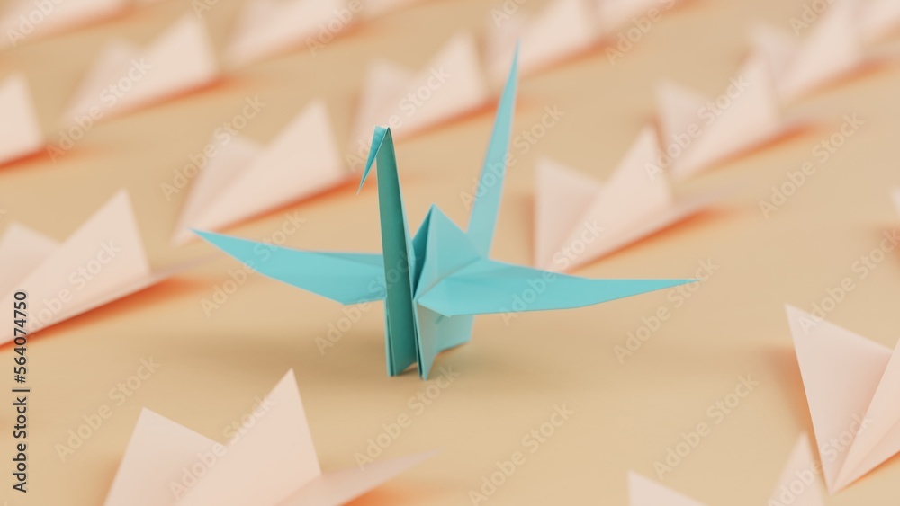 Origami of green crane and many soft orange airplanes on soft blue ...