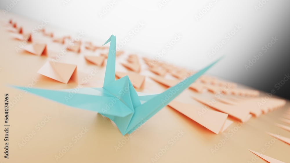 Origami of green crane and many soft orange airplanes on soft blue ...