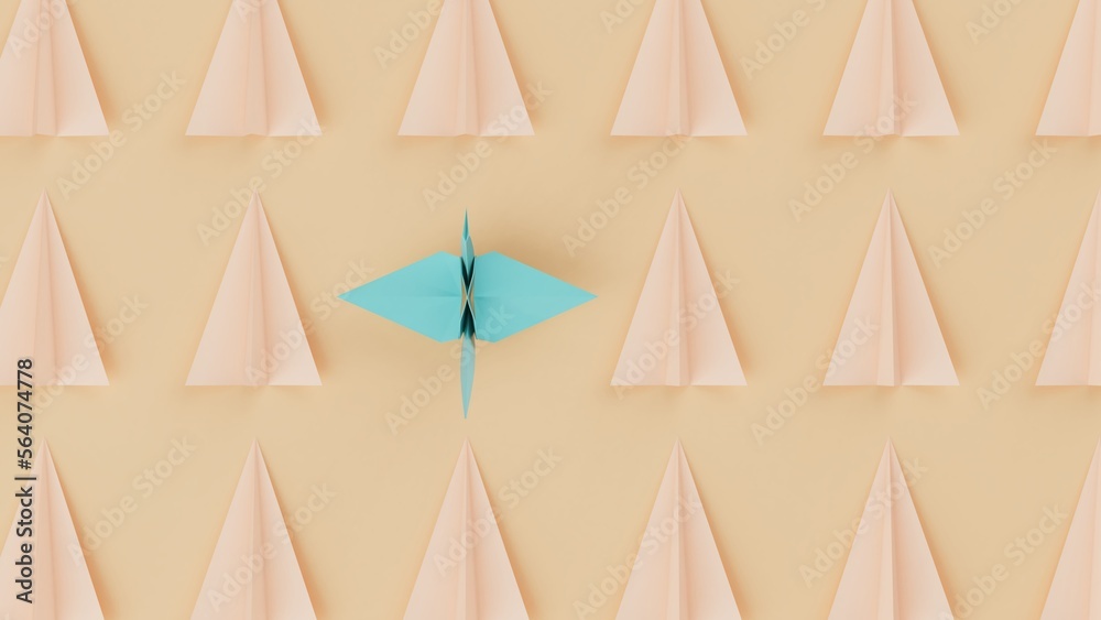 Origami of green crane and many soft orange airplanes on soft blue ...