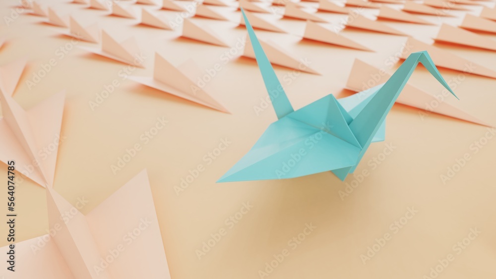 Origami of green crane and many soft orange airplanes on soft blue ...