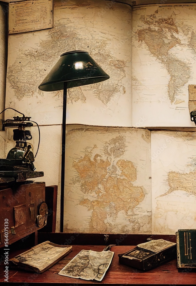 Map of World War II in the office of a military general. War and ...