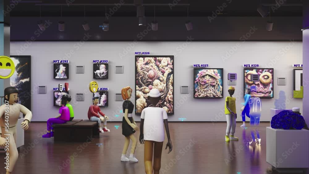 Exhibition of NFT pictures in meta universe. 3D avatars with emotions ...