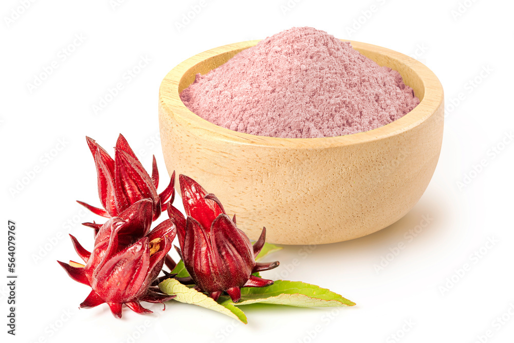 Roselle powder in wooden bowl with hibiscus flower and leaves on white ...