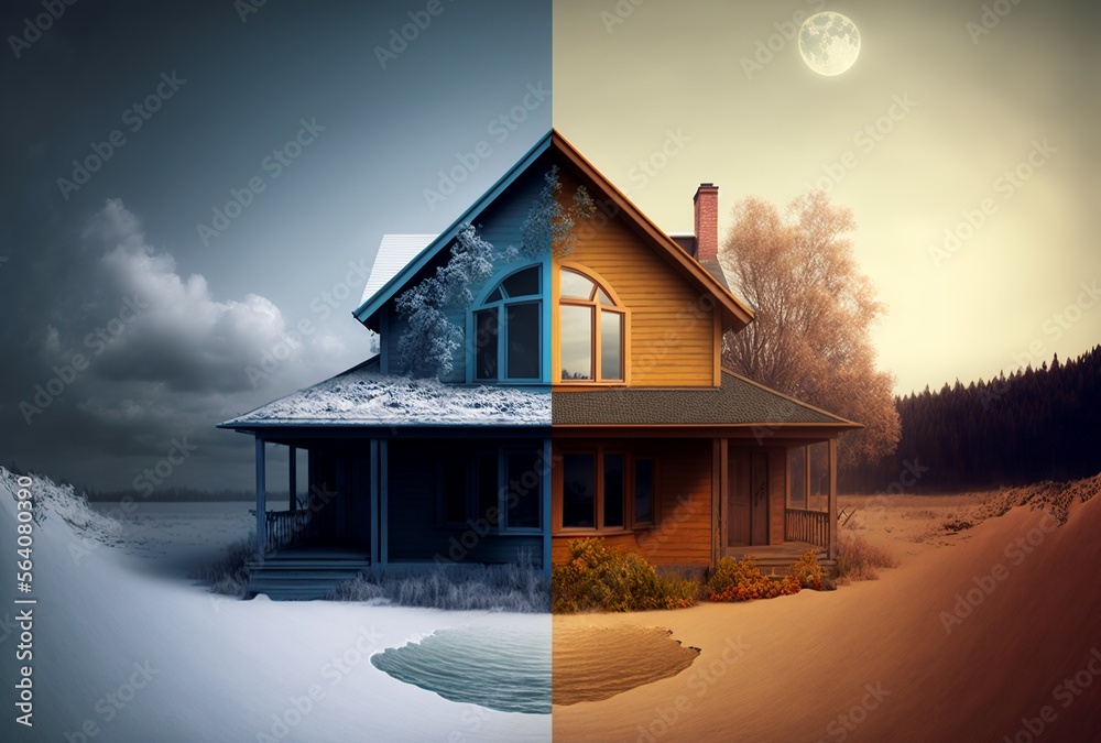 illustration of two halves of a house, different climates, generative ...