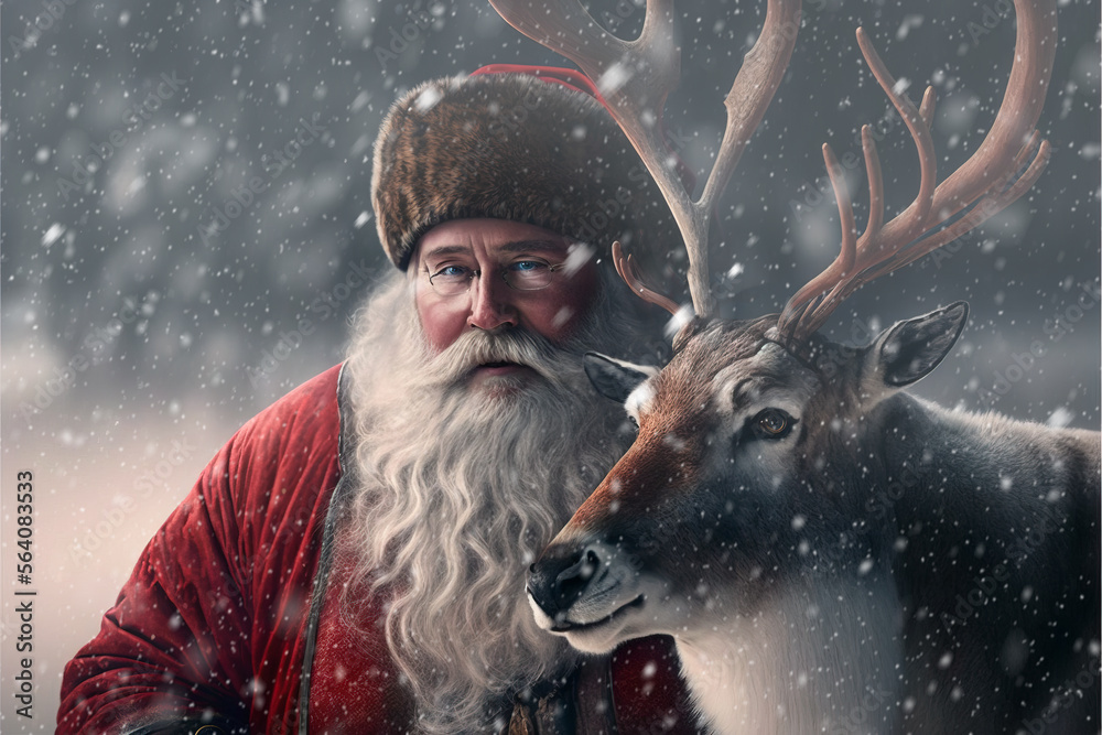 Christmas, Santa Claus with a Reindeer elk, jolly old man dressed in a ...