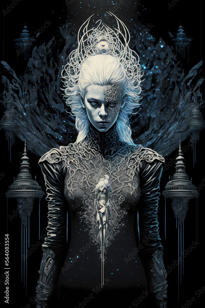 Beautiful white haired goddess woman, princess of winter enshrined in a ...