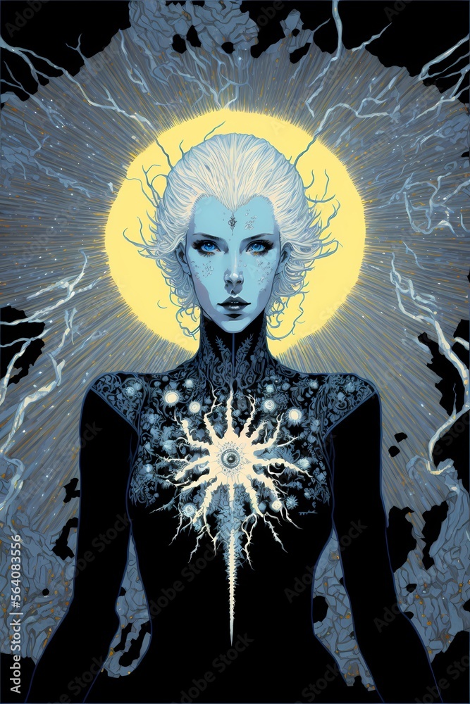 Beautiful white haired goddess woman, princess of winter enshrined in a ...