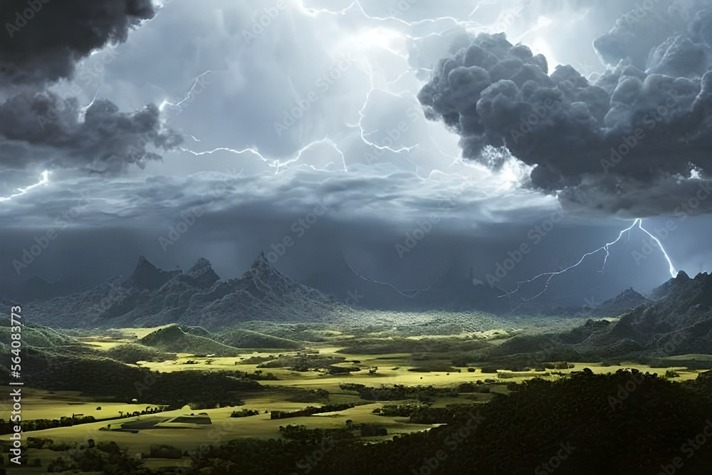 A dark windy sky with black clouds and flashes of lightning flashing ...