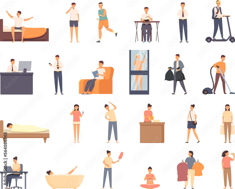 Daily routine icons set cartoon vector. Daily life. School boy Stock ...