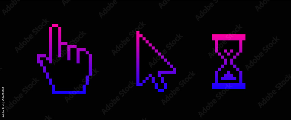 Vecteur Stock Pixel cursor arrow, hand click and hourglass. Control or ...