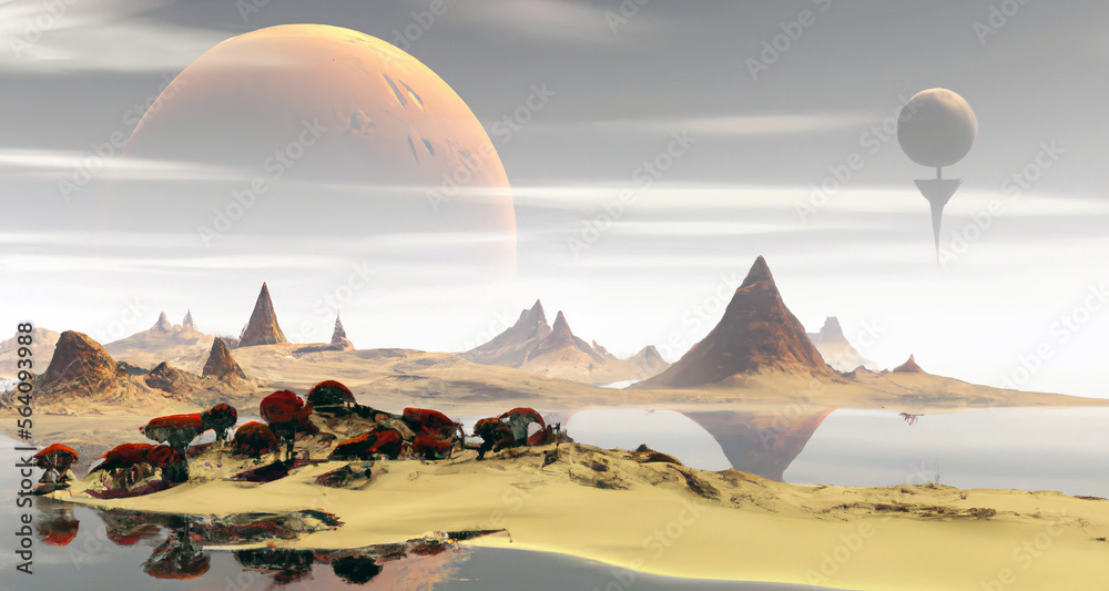 Sci-fi landscape on an alien planet with pyramid shaped mountains ...
