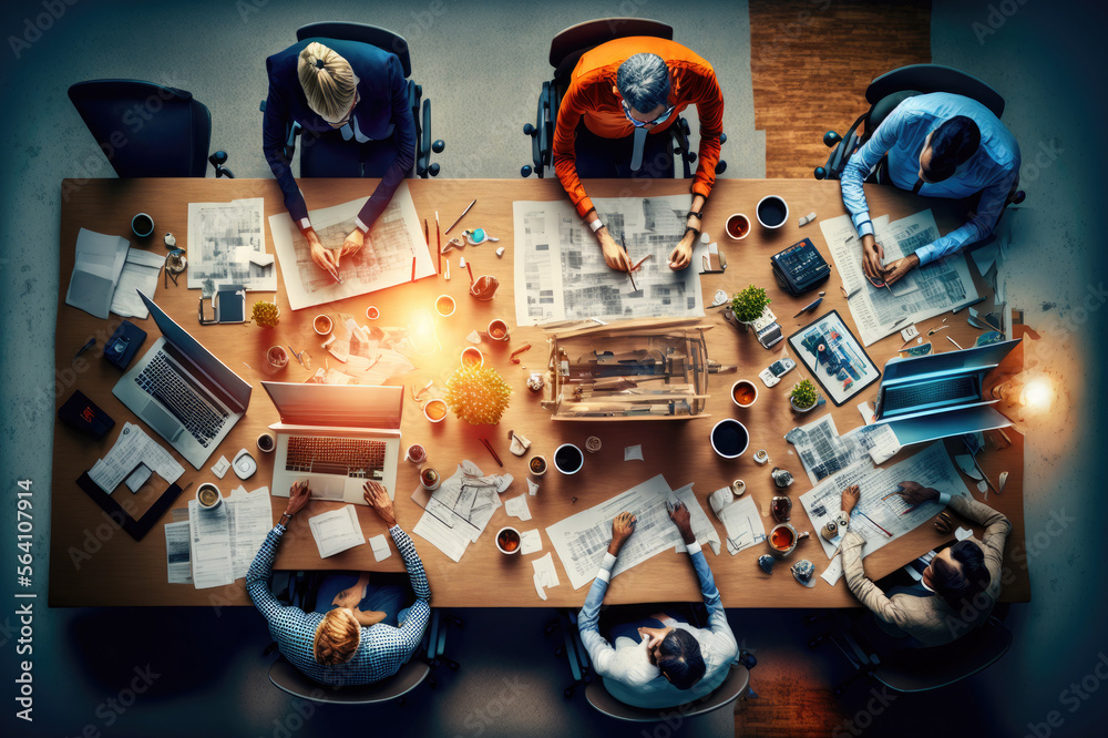 Conference room with a group of employees, staff working on their ...