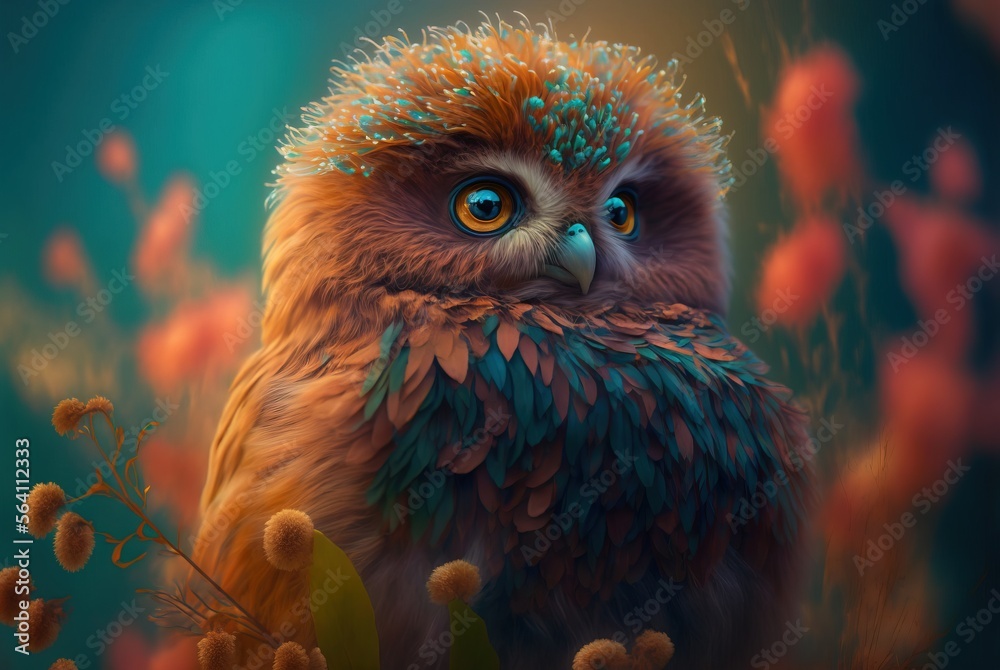Enchanting mythical owl camouflaged in magical blooming spring flowers ...
