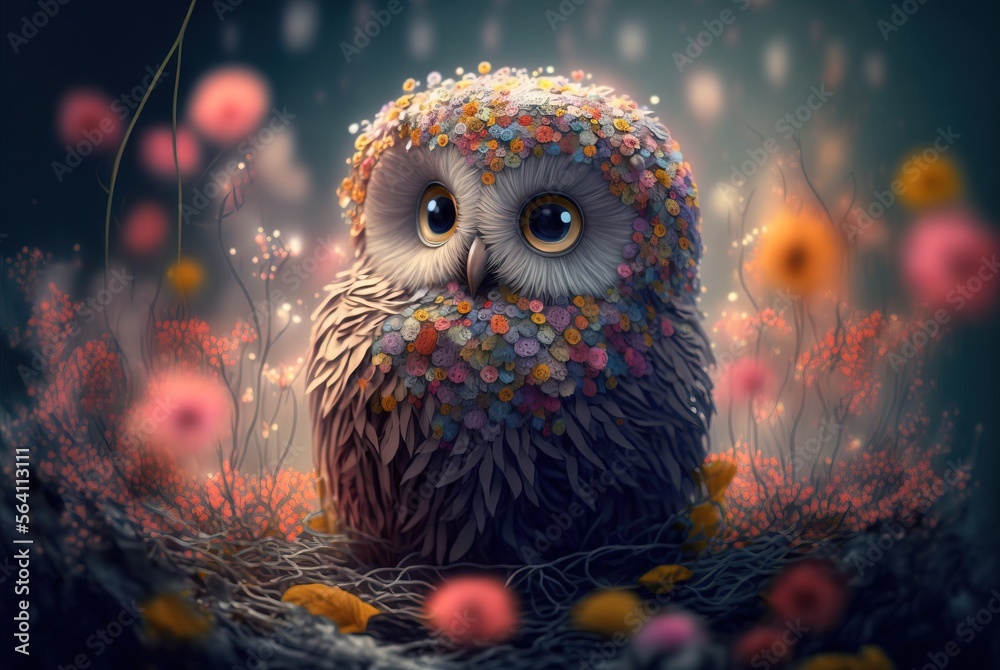 Enchanting mythical owl camouflaged in magical blooming spring flowers ...