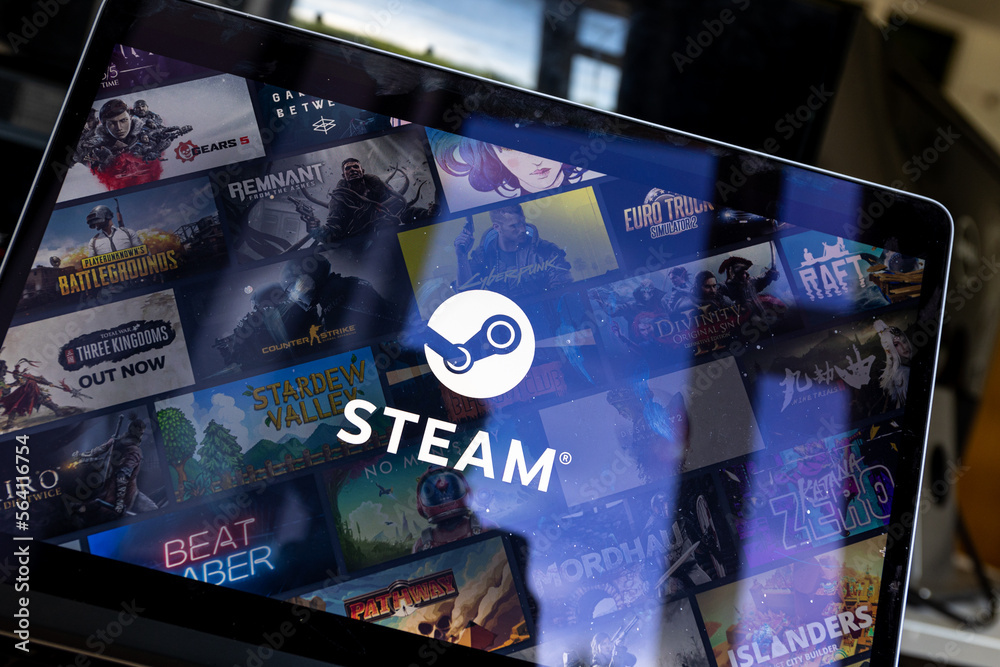 Steam app on PC screen. Steam is a video game digital distribution ...