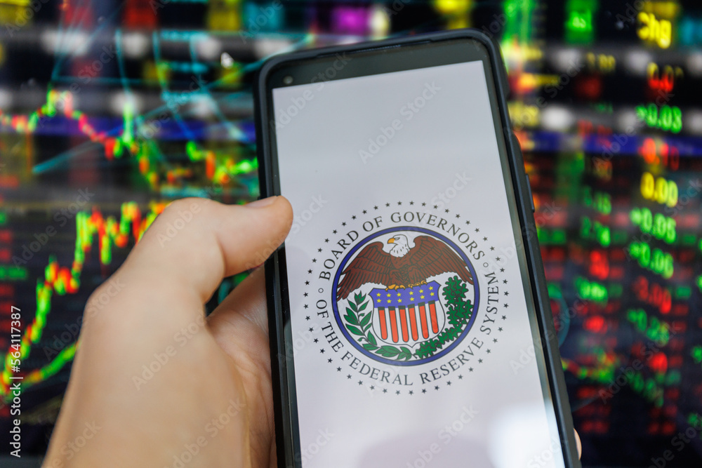 FED logo on screen. The Federal Reserve System is the central banking ...