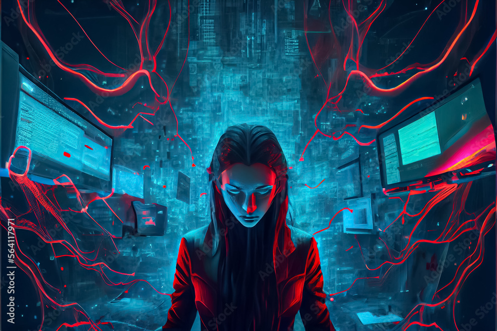 aerial view of hacker woman wondering inside the computer core of ...