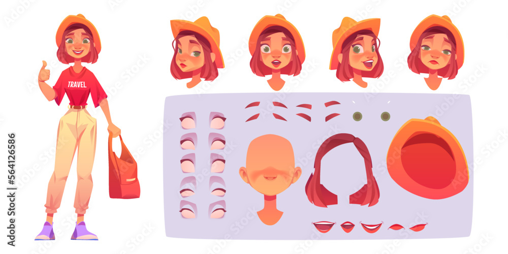 Pretty traveler girl constructor. Vector cartoon illustration of young ...