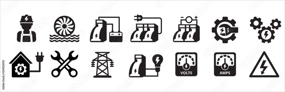 Hydro power electricity icon set. Power related icons. Green energy ...