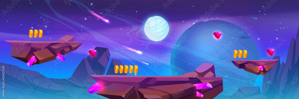 Space adventure game platforms with coins. Vector cartoon illustration ...