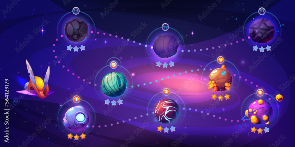 Space game level map with alien planets. Vector cartoon illustration of ...