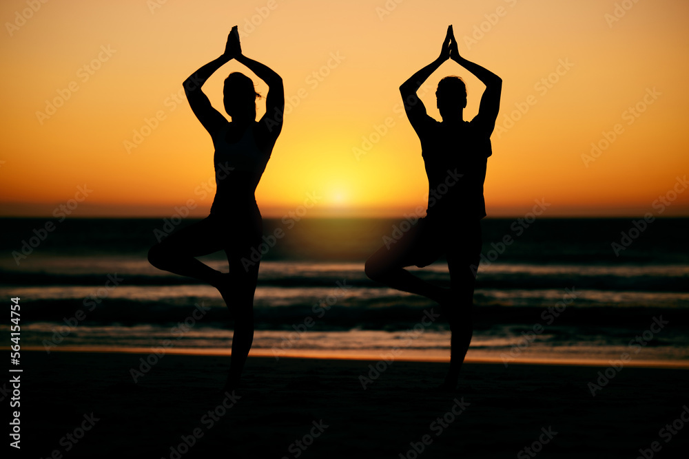 Prayer hands, yoga silhouette and meditation with couple at beach for ...