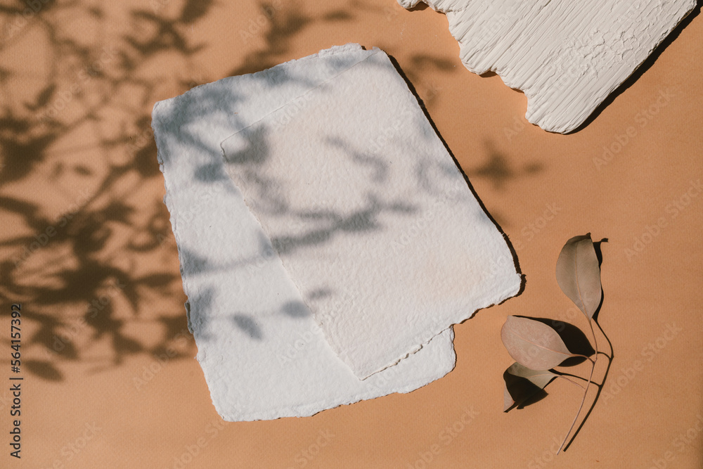 Custom handmade deckle edge papers, dried eucalyptus twig on terracotta ...