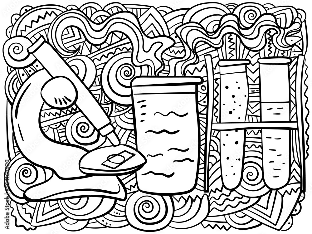 Science horizontal antistress coloring page with microscope, test tubes ...