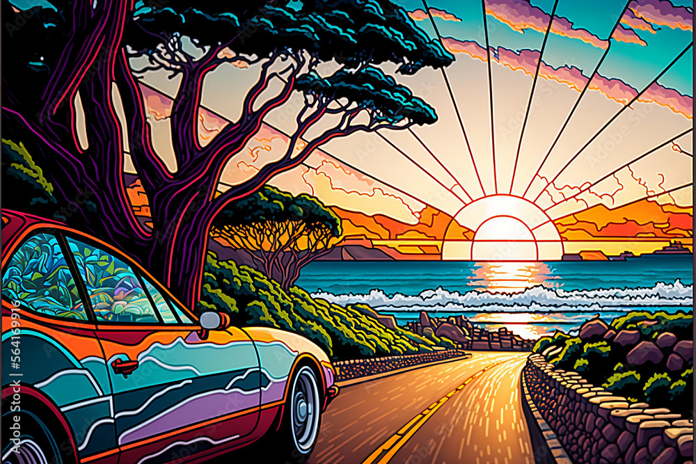 car driving into the sunset depicted on stained glass Stock ...