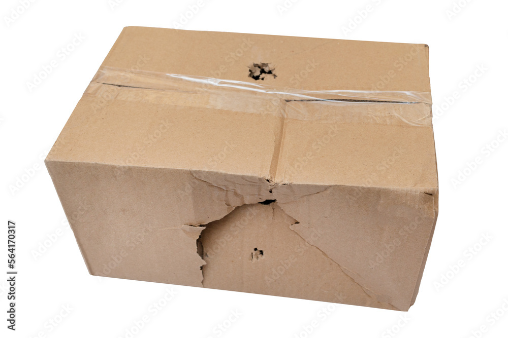 Damaged and torn shipping carton. Isolated on a white background. Box ...