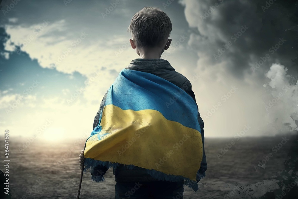 Illustrazione Stock Desperate Sad Poor Afraid Boy Child with flag ...