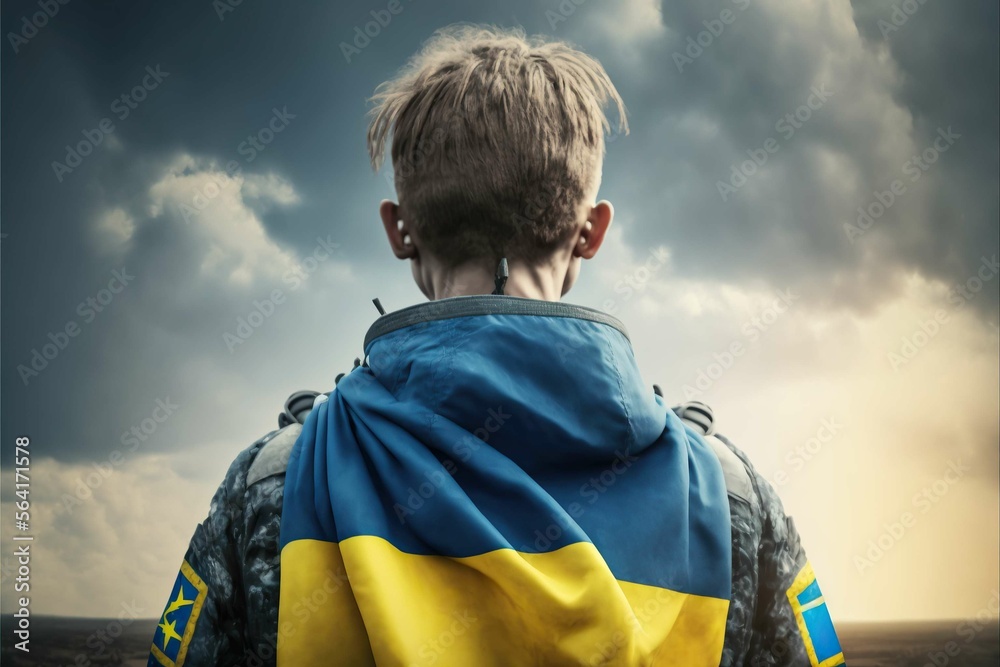 Desperate Sad Poor Afraid Boy Child with flag Standing in The Middle of ...