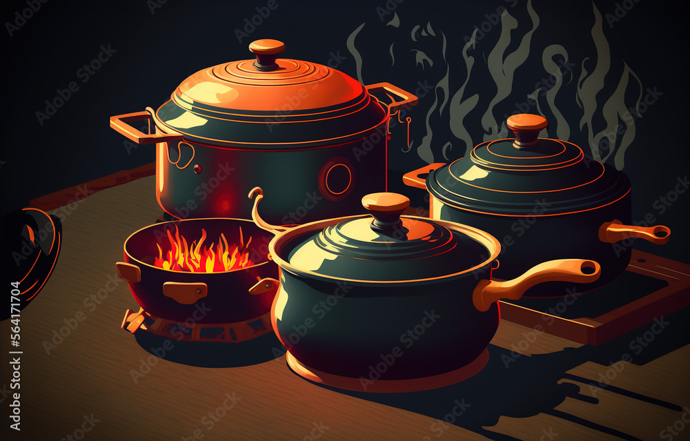 Illustration of cooking pots on a stove. Cookware. Kitchenware. Boiling ...