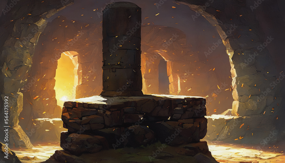 An abstract painting depicts an ancient underground cave, with shapes ...